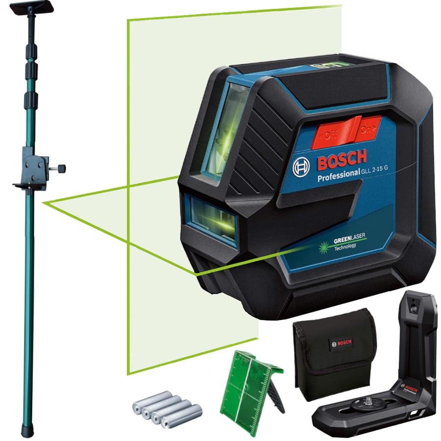 BOSCH GLL 2-15 G Laser krzyżowy zielony + uchwyt LB10 + tyczka GT-320 ...